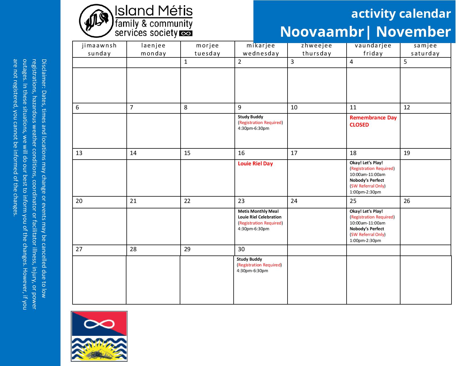 November Activity Calendar – Island Métis Family and Community Services ...
