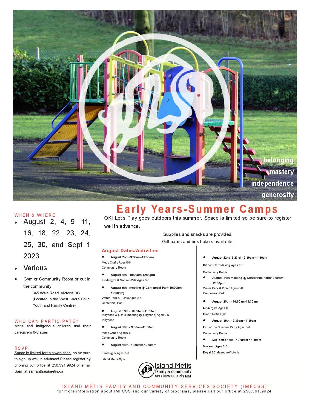 Early Years Summer Camps- August 2023 – Island Métis Family and ...