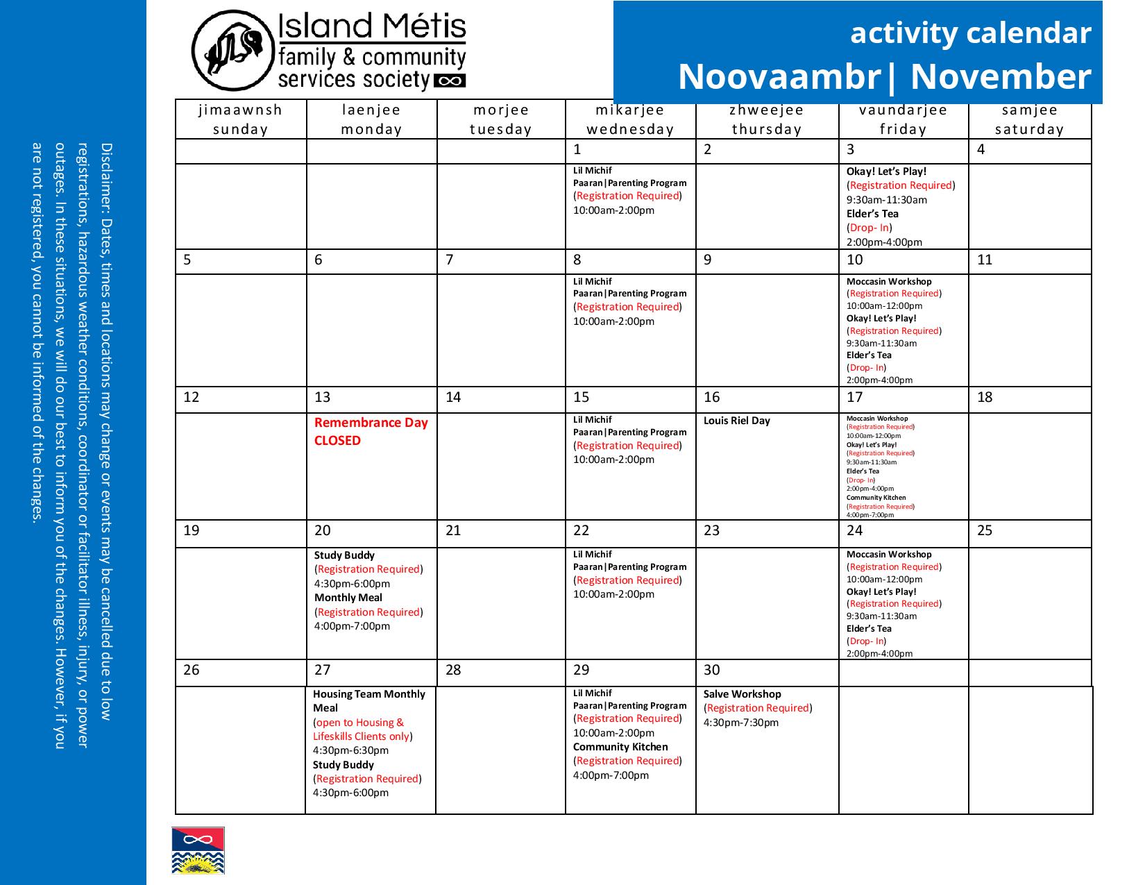 November Activity Calendar 2023 – Island Métis Family and Community ...