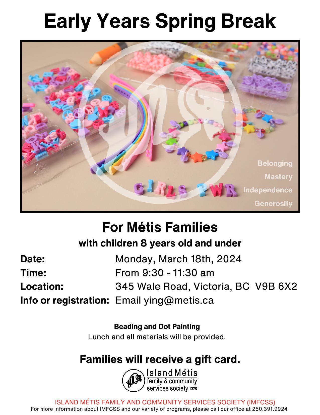 Early Years Spring Break-Mon March 18, 2024 – Island Métis Family and ...